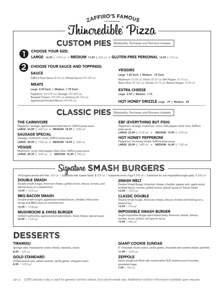 Zaffiro Pizza Company - Menu